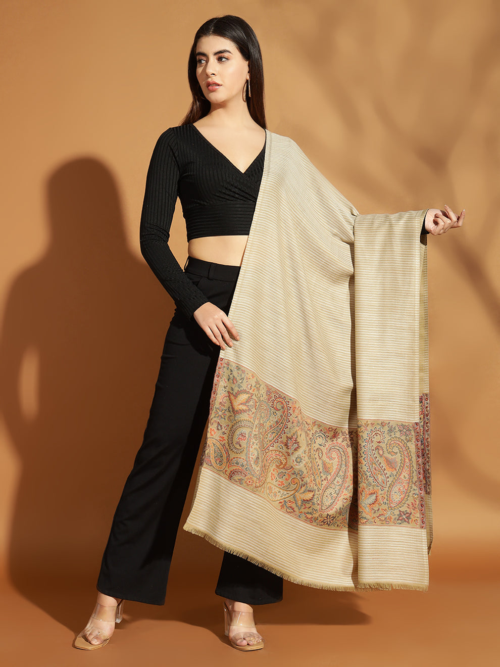 Kani Weave Striped Pure Wool Shawl Paisley Borders for Women | Brown ...