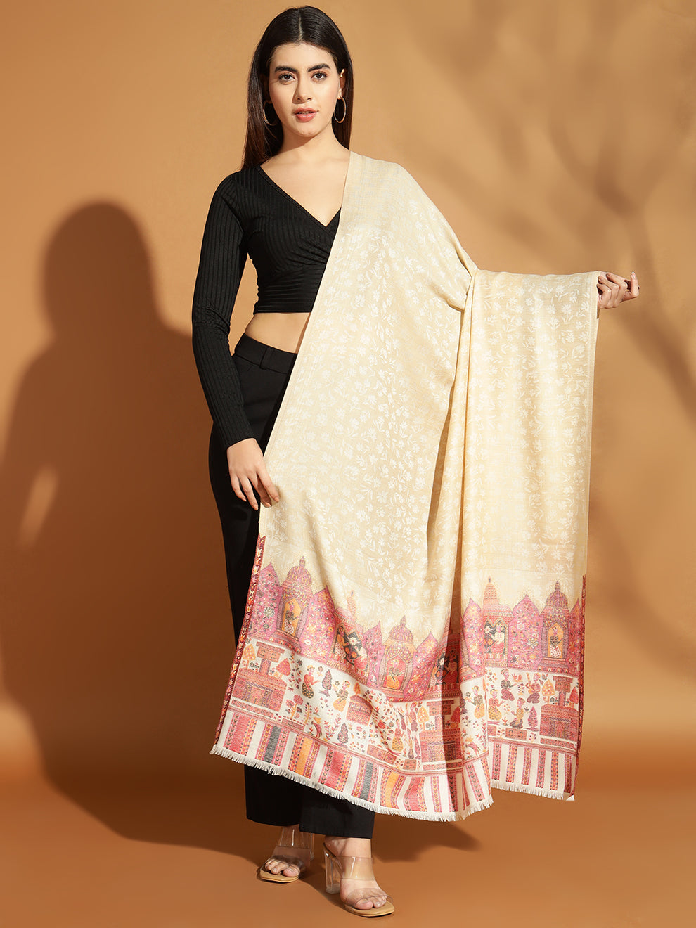 Kani Weave Pure Wool Shawl with Royal Darbar Motifs Borders | Off Whit ...