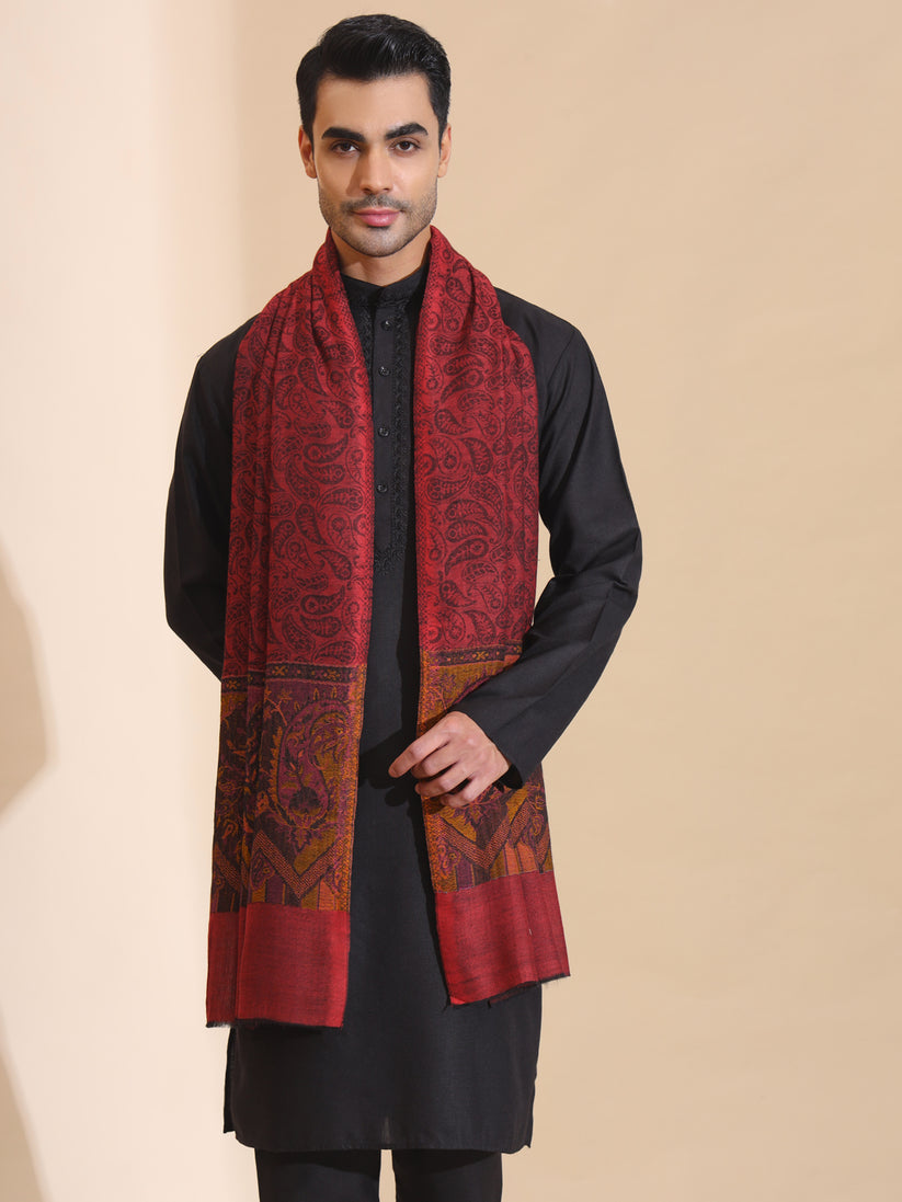 Kani Weave Paisley Border Pure Wool Stole for Men | Maroon – Zamour